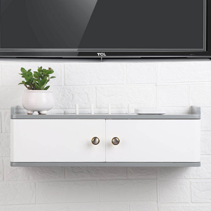 Wifi router storage box wall-mounted set-top box rack solid wood TV ...
