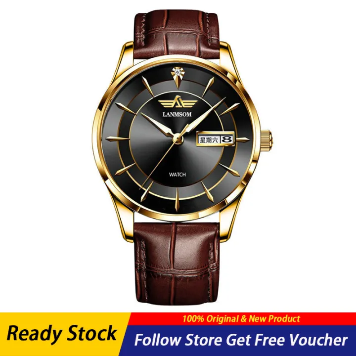 2022ใหม่ LANMSOM ผู้ชายนาฬิกาสายหนังธุรกิจนาฬิกาควอตซ์ผู้ชายปฏิทินคู่กันน้ำนาฬิกาผู้ชายสบายๆ ...