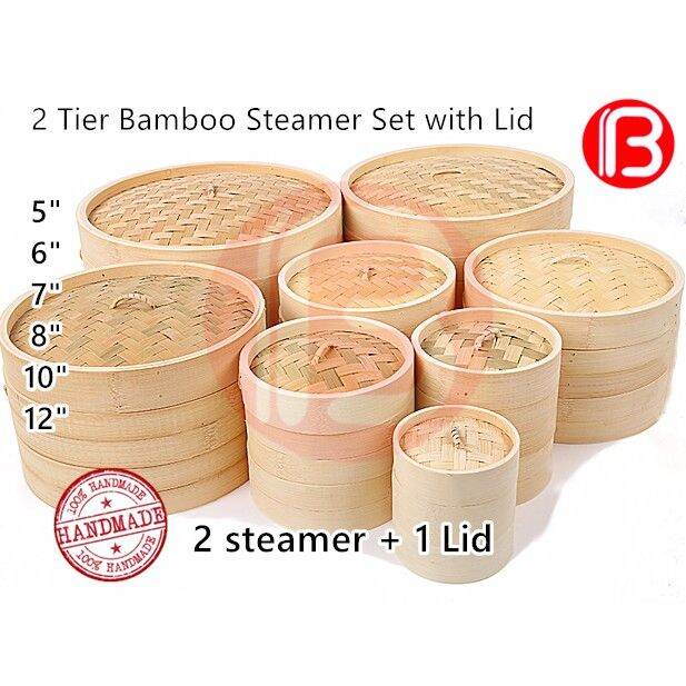 (B Boss) 2 Tier Bamboo Steamer Basket Set with 1 Lid / Dim Sum / Bakul ...