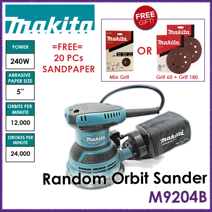 Makita M9204B. 125mm(5") Random Orbit Sander 240W with Sanding Paper ...