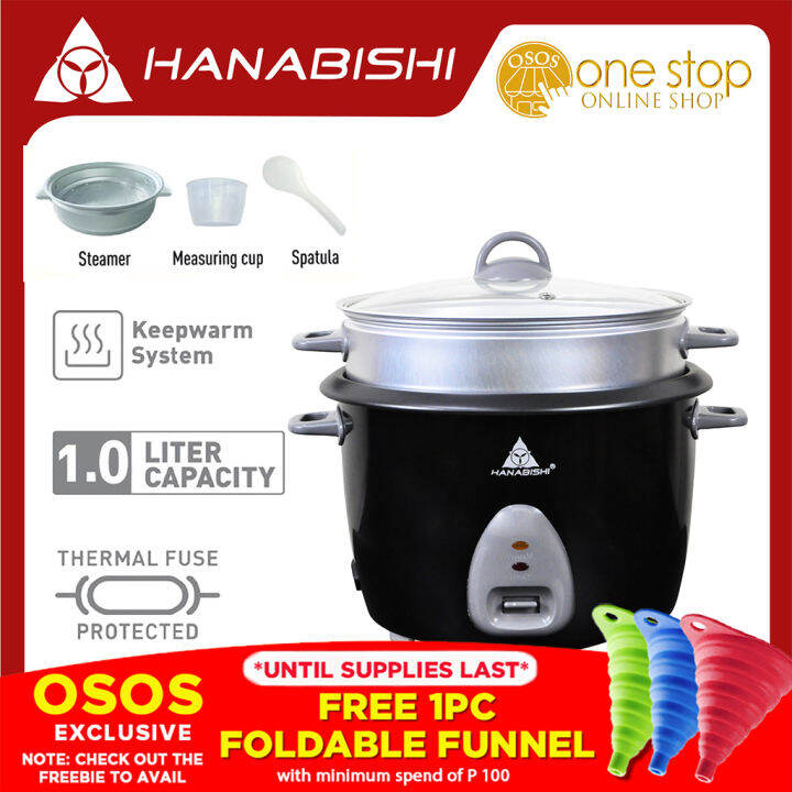 Hanabishi Original Rice Cooker 1L serves 5 persons Glass Cover w/ Steamer HHRC-10BLK •OSOS ...