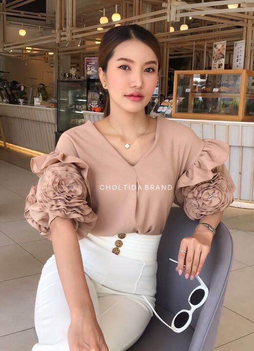 CHOLTIDA เสื้อแขนบอลลูนกุหลาบสี่ดอก งานผ้า BOBBLE งานผ้าดีนุ่มมีแทคเจอร์ในตัว อก :42 นิ้ว ...