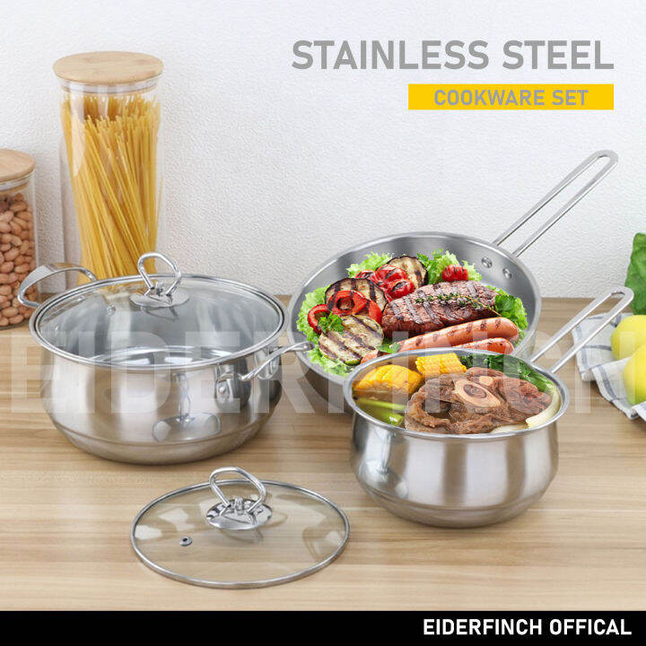 SW-003 3PCS/Set Stainless Steel Cookware With Glass Lid | Lazada PH