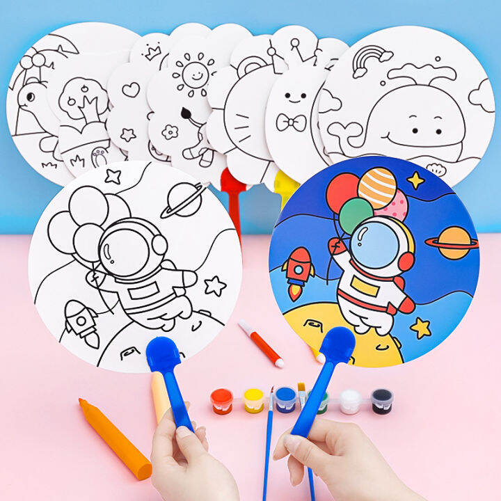 Kids DIY Fan 2 in 1 Art Craft Coloring Cartoon Hand Fan Kindergarten ...