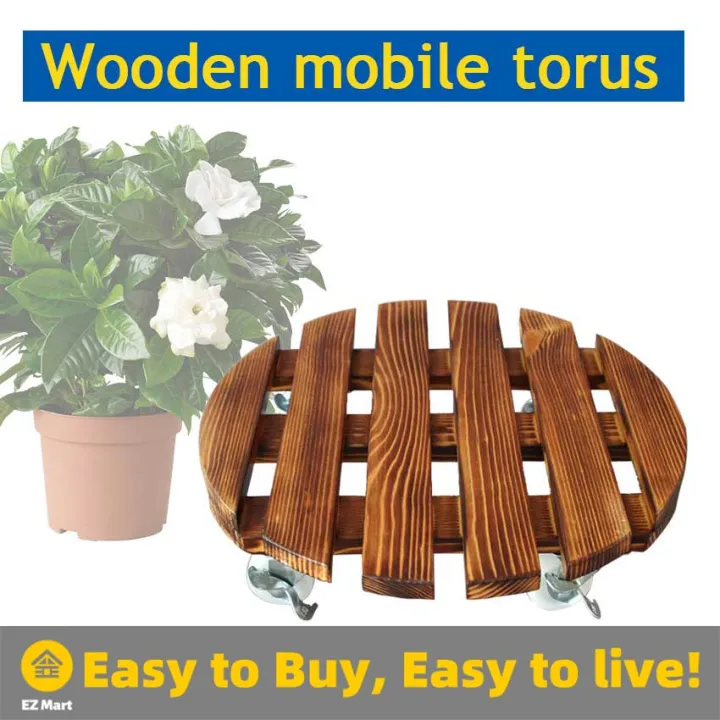 Round Wheeled Wooden Planter Caddy Movable Plant Flower Pot Stand with ...