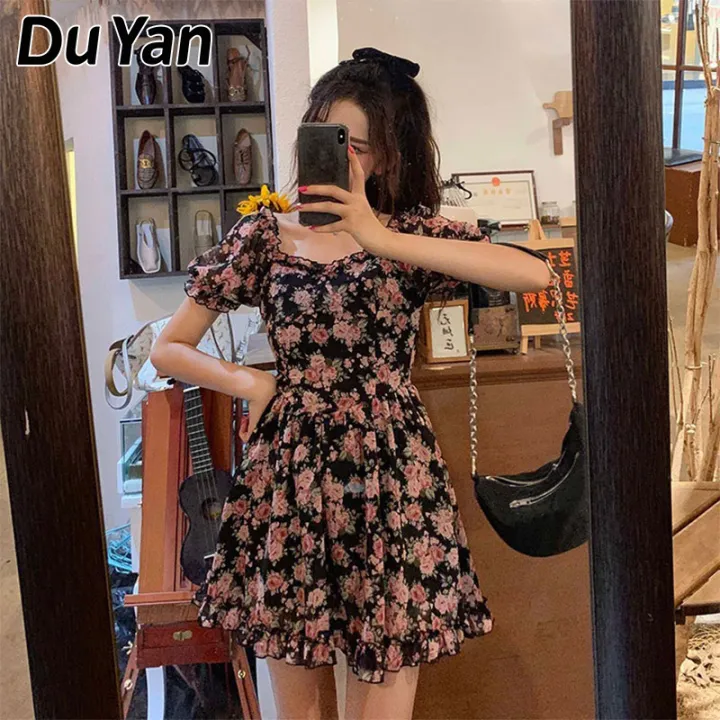 Du Yan Rose เดรสลายดอกไม้สีเข้มของผู้หญิง,กระโปรงแขนพองคอสี่เหลี่ยมทัน ...