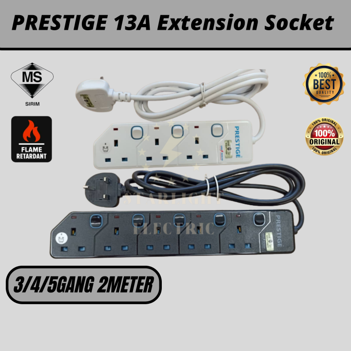 PRESTIGE 13A Extension Trailing Socket 3/4/5GANG/2METER [Black/White ...