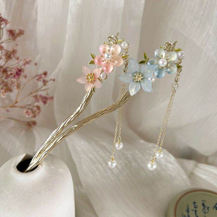 แท่งปิ่นปักผมดอกไม้อัลลอยมีพู่สำหรับผู้หญิง FGSDF ดอกพีชบลอสซั่มแบบ ...