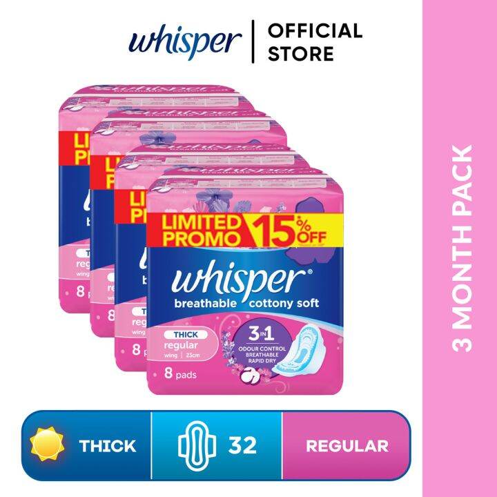 [3 MONTH PACK] Whisper Cottony Soft Sanitary Napkin with Wings (16/32 ...