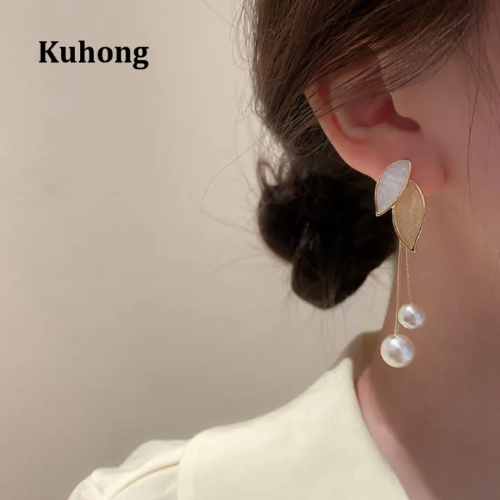 Kuhong ต่างหูเงินสตรี,ตุ้มหูทรงยาวมีพู่ห้อยรูปใบไม้ | Lazada.co.th