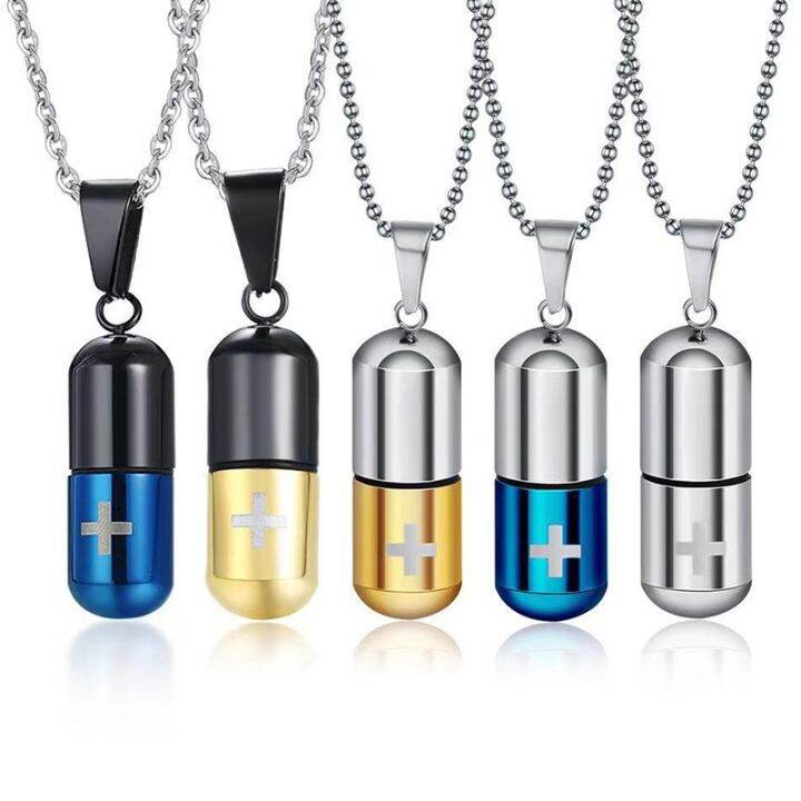 Stainless Steel Hollow Pill Case Capsule Pendant Necklace for Men Women ...
