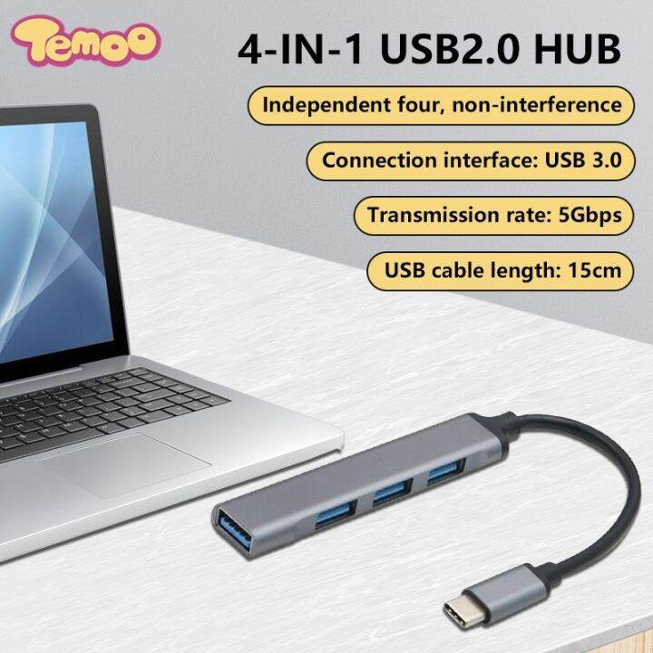 Temoo Hub USB aluminium Aloi 4-in-1 multifungsi, Splitter USB transmisi stabil ekspansi 4-port ...
