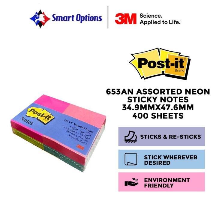 3M POST-IT 653AN ASSORTED NEON STCKY NOTES 34.9MM X 47.6MM 400SHEETS ...