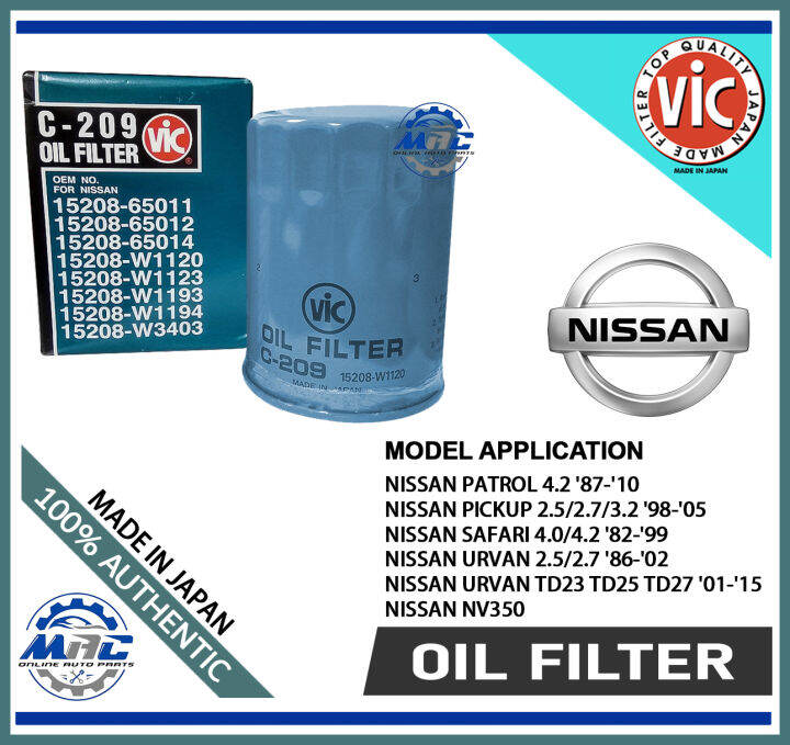 VIC Oil Filter C-209 for Nissan NAVARA, Urvan TD25/27 - Nissan NV350 ...