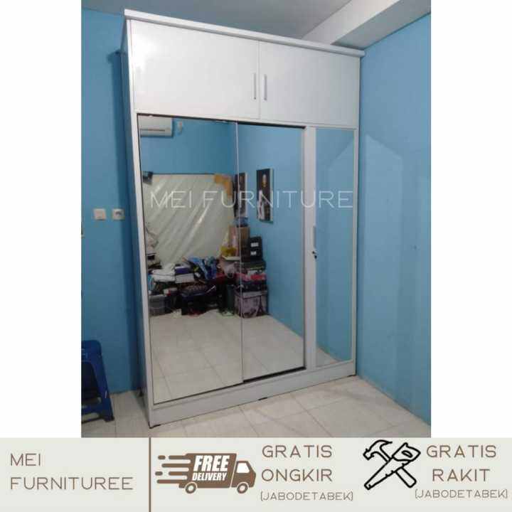 Lemari pakaian 3 pintu sliding reguler plus box kabinet atas - Lemari kaca full murah | Lazada ...