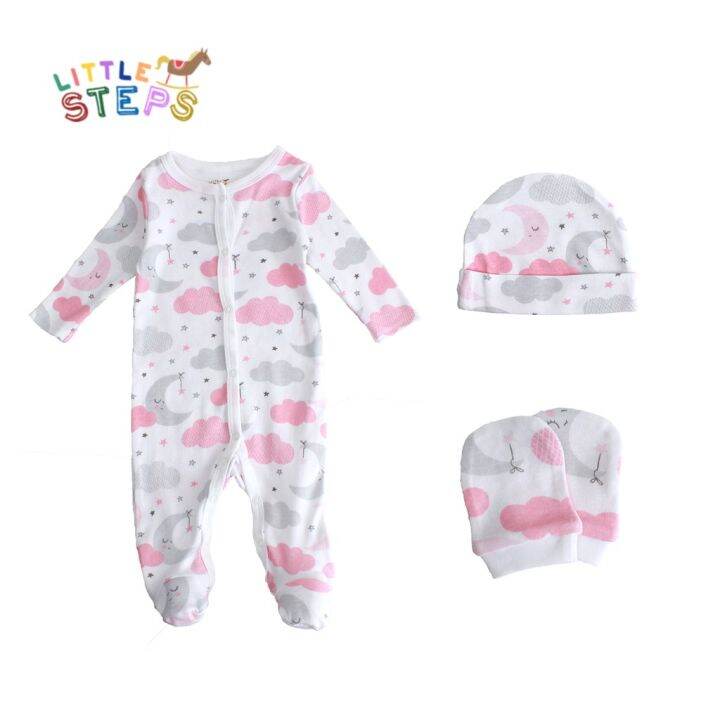 Little Steps Baby Girl Pajama 3-Piece Coverall, Cap, and Mittens Set ...