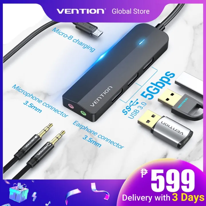 Vention USB 3.0 Hub Mix Sound Card with Power Supply 3 Ports High Speed ...