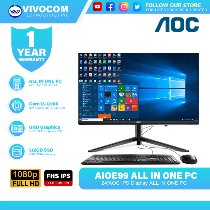 AOC AIOE99 ALL IN ONE PC Intel Core i3-12100 24”AOC IPS Display 8GB ...