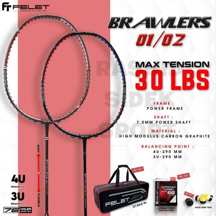 FELET BRAWLERS 4U COMBO SET STRING+GRIP+DOUBLE BAG Racket Badminton ...
