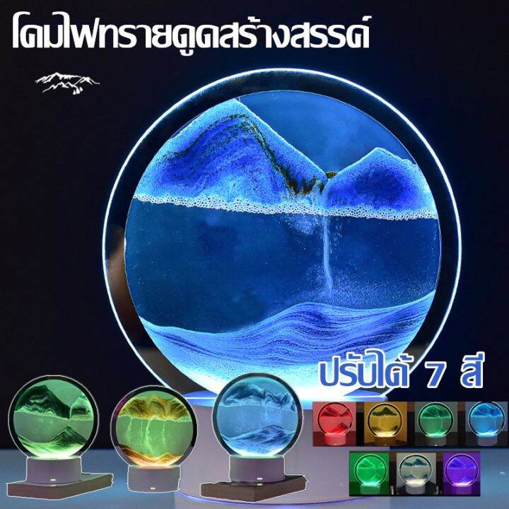 【Junjun】ปรับได้ 7 สี โคมไฟทรายดูดสร้างสรรค์ ภาพวาดนาฬิกาทรายแบบไดนามิก ไฟกลางคืน 3 มิติ คลายโคม ...