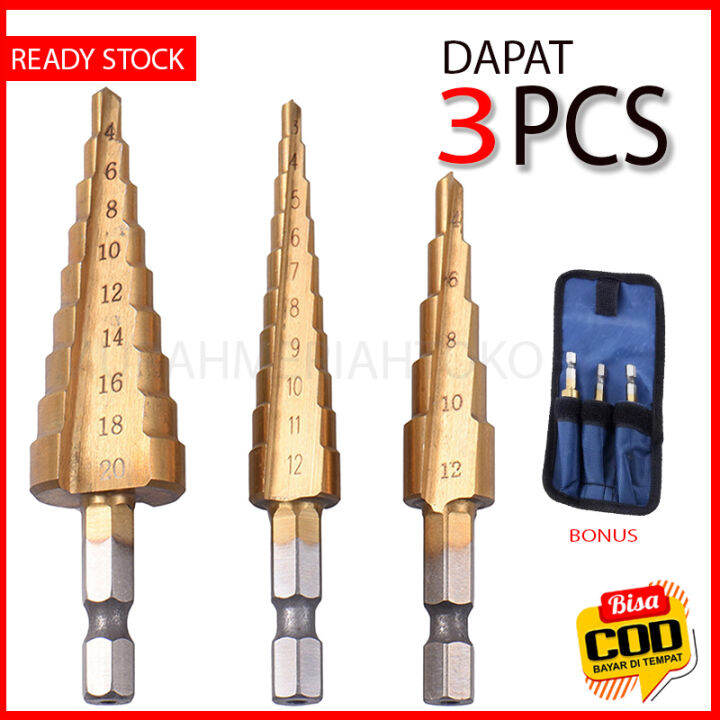 Mata Bor 3 PCS Step Drill Dril HSS Mata Bor Besi Kerucut Pagoda Cone ...