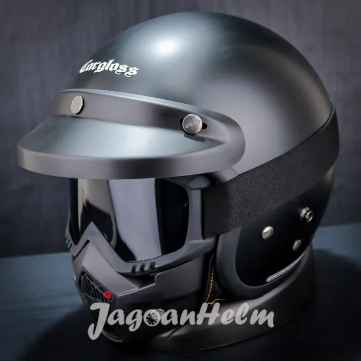 CARGLOSS HELM CFM RETRO SOLID | CF RETRO BLACK DOFF | + GOGGLE MASK | Lazada Indonesia