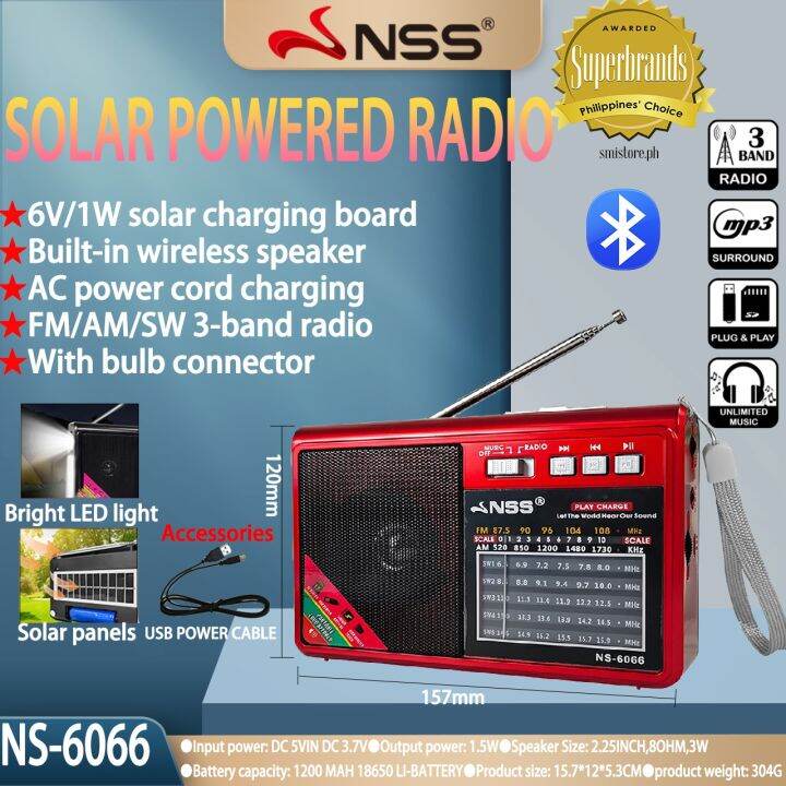 Portable Bluetooth 7 BAND Radio FM/AM/SW1-5 USB and TF MUSIC PLAYER WITH FLASHLIGHT NSS NS-6066 ...