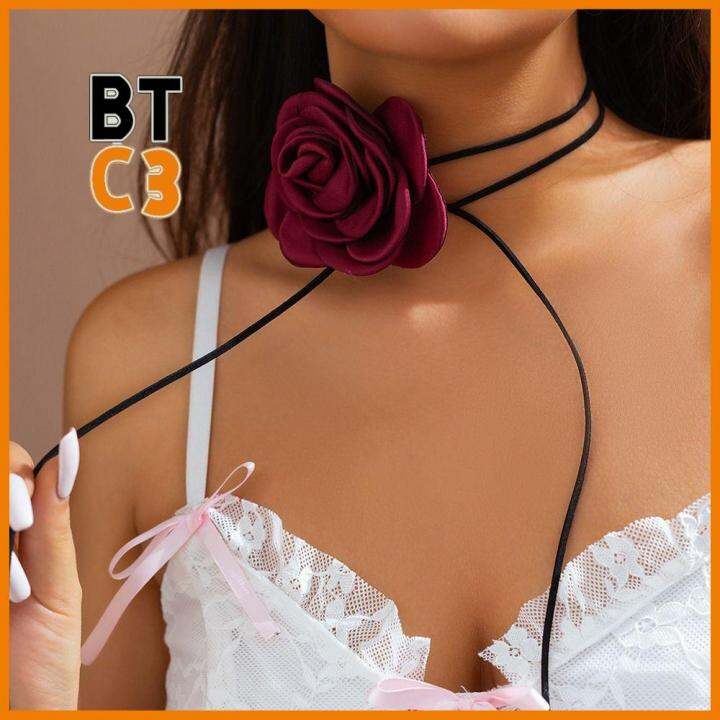 BTC3 กับดอกไม้ขนาดใหญ่ โชคเกอร์ดอกกุหลาบ อุปกรณ์เสริมคอ ปรับได้ปรับได้ สร้อยคอโชคเกอร์กุหลาบ การ ...