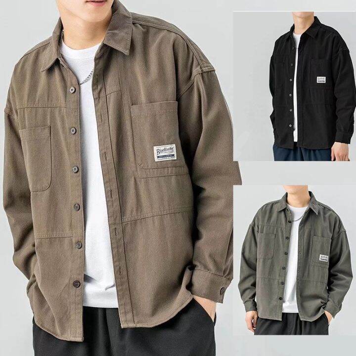 【cod】m 3xl Mens Cotton Long Sleeve Polo Shirt Retro Cargo Work Khaki
