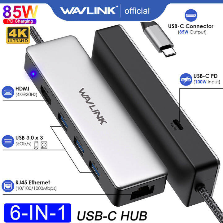 WAVLINK 6-in-1 USB C Hub, universal usb-c splitter with 4K 30Hz HDMI, 3 ...