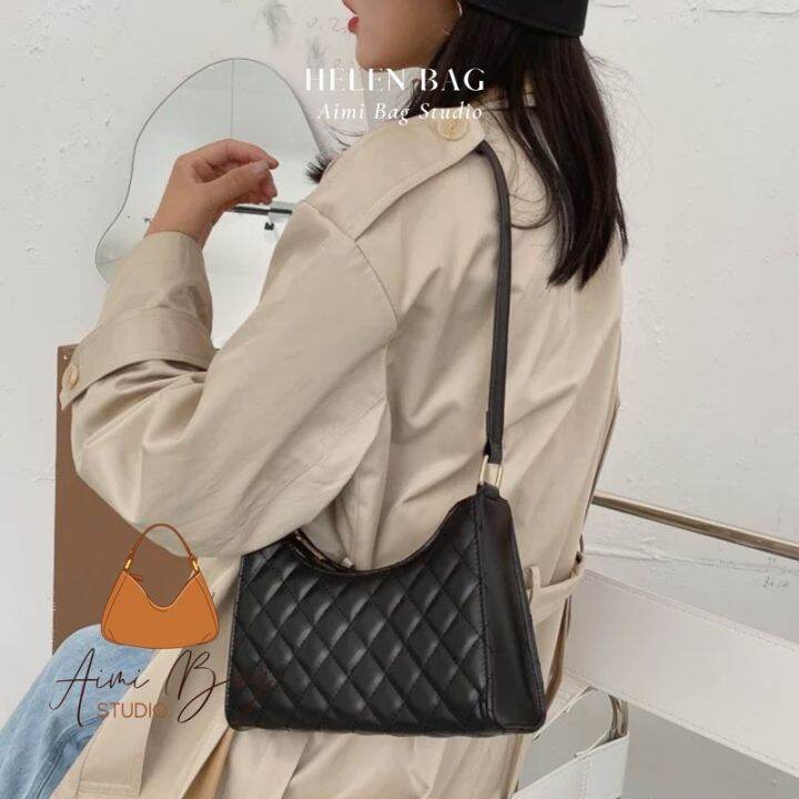 (พร้อมส่งจากไทย) A002 HELEN BAG กระเป๋าโฮโบสะพายไหล่ลายตาราง รูปทรง ...