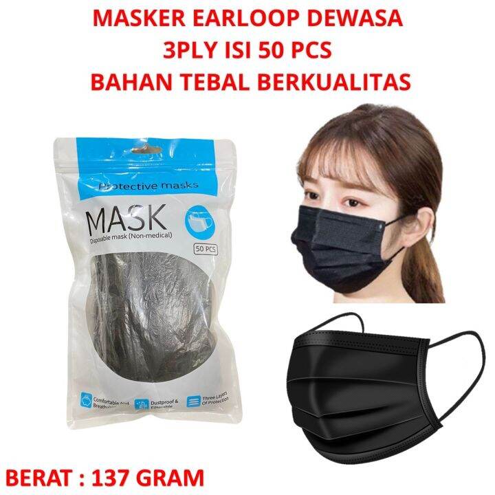 Masker Hitam 3Ply Masker Earloop Black 50 Pcs Facemask Kesehatan 3 Ply ...