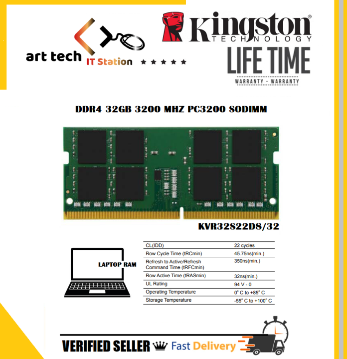 KINGSTON DDR4 32GB 3200 MHZ PC3200 SODIMM LAPTOP NOTEBOOK RAM ...