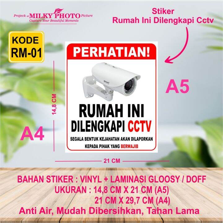 STIKER CCTV RUMAH INI + LAMINATING GLOSSY / DOFF (UKURAN A5 / A4 ...