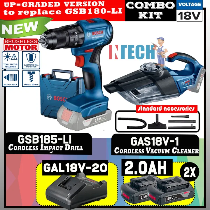 BOSCH 18V COMBO GSB185-LI BRUSHLESS MOTOR CORDLESS IMPACT DRILL + GAS18V-1 CORDLESS VACUUM ...