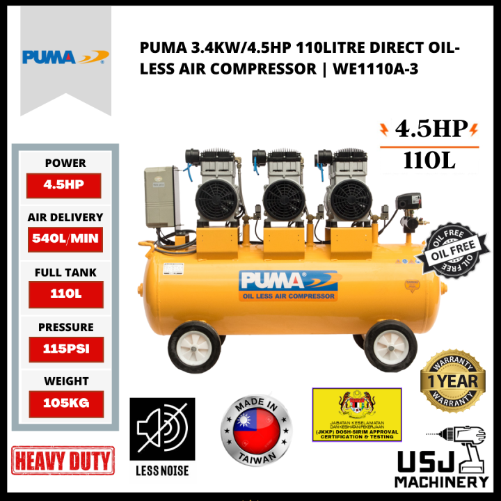 PUMA 3.4kW (4.5HP) 110Litre Direct Oil-Less Air Compressor WE1110A-3 ...