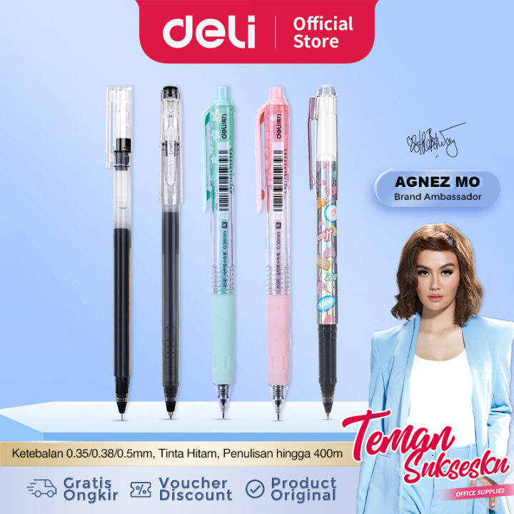 Deli Gel Pen / Pulpen Gel 0.5mm Tinta Hitam Isi 12 pcs Penulisan Halus ...
