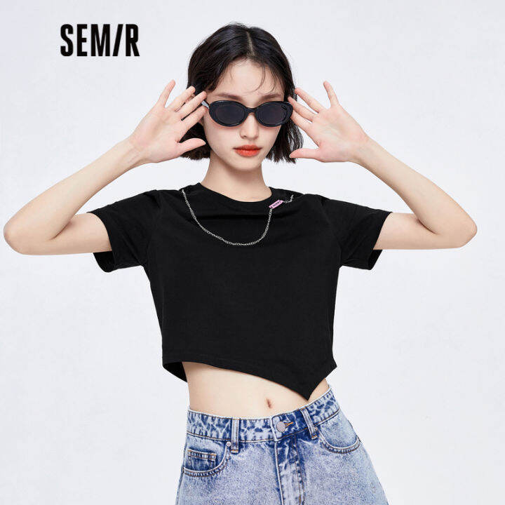 SEMIR เสื้อยืดแขนสั้นทรงสั้นสำหรับผู้หญิง,เสื้อยืดแฟชั่นอินเทรนด์สุดเท่ห์สไตล์ตัวสั้น Bm เป็นที่ ...