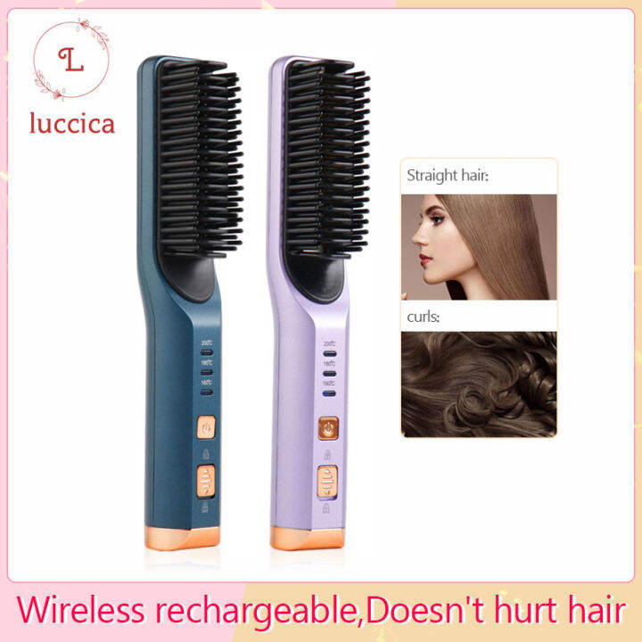 Luccica ความร้อนแปรงผมตรงจัดแต่งทรงผมได้อย่างรวดเร็วแบบพกพาไร้สายผมเตารีดแบนยืดหวี USB ชาร์จ ...