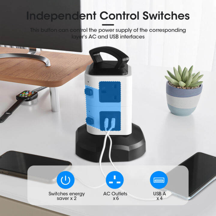 Tower Extension Lead 3M，USB 2.1A, With 4 USB Ports，And 7 AC Sockets ...