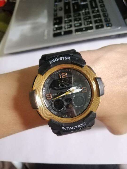 นาฬิกาข้อมือ GEO-STAR ระบบ DIGITAL ขอบทอง เรือนดำ | Lazada.co.th
