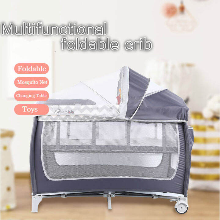 Multifunctional Baby Crib Foldable Baby Bed with Diaper Table Kid Game ...