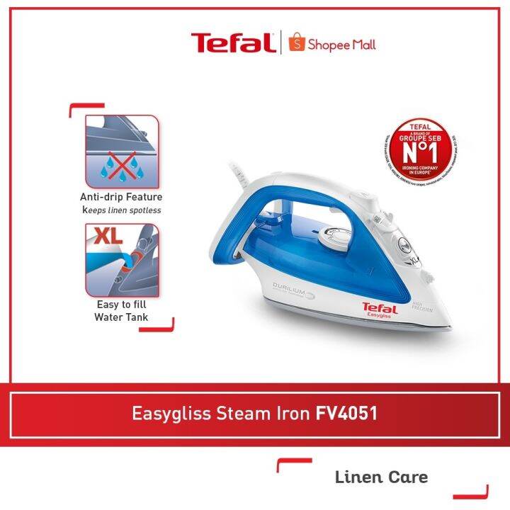TEFAL Easygliss Steam Iron FV4051 W/ Durilium Airglide Soleplate ...