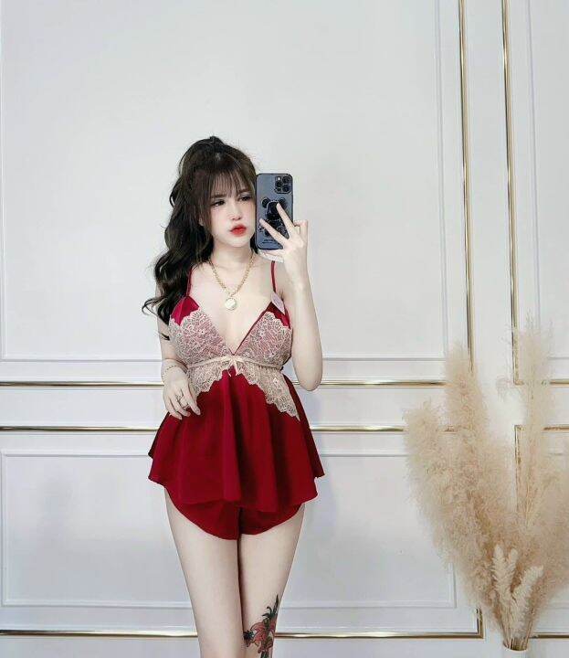 Bộ Đồ Ngủ VẢI VOAN Áo Hai Dây Quyến Rũ Có Mút Phối Ren Freesize Dưới 57Kg Đồ Ngủ Hai Dây Sexy Có ...