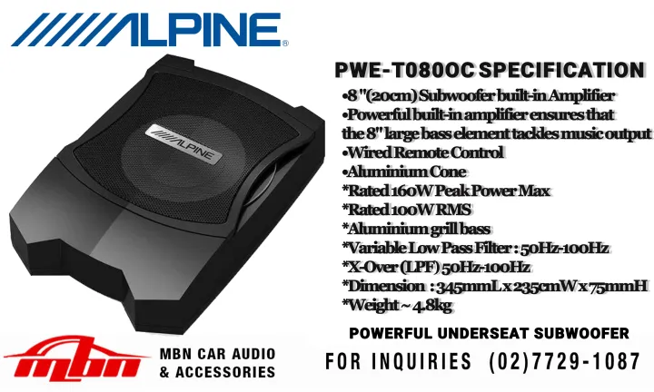 ALPINE PWE-T080OC 8” Powered UnderSeat Subwoofer 160w Peak Power ...