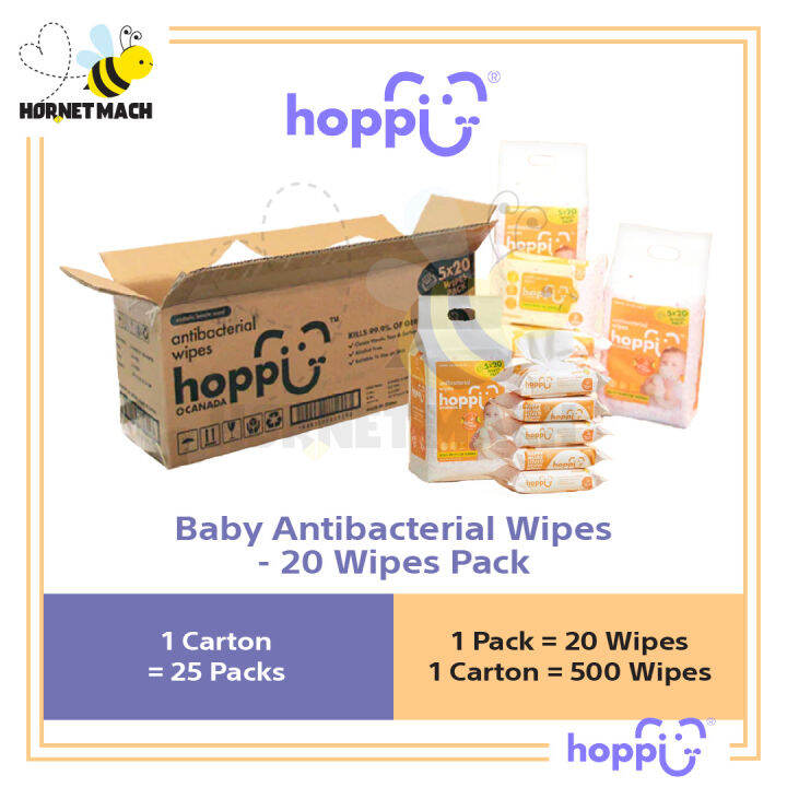 [CARTON] Hoppi Baby Antibacterial Wipes - 20 Wipes Pack | Lazada