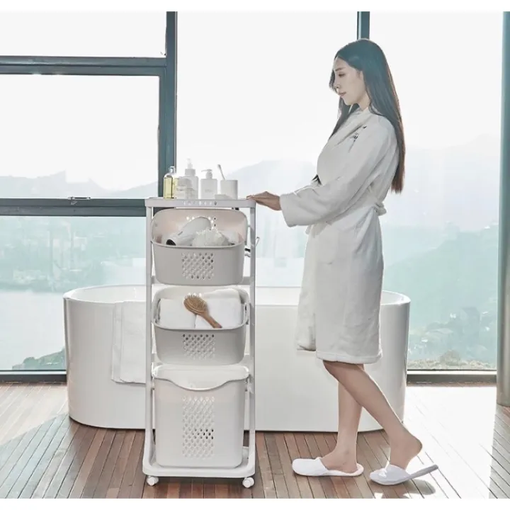 3-Layer Storage Rack with Deep Basket / Rolling Trolley Cart with ...