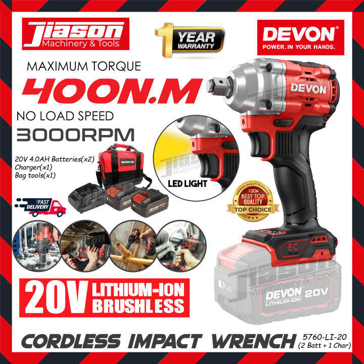 [100% ORIGINAL] DEVON 5760-LI-20 20V 400NM 1/2" Brushless Cordless Impact Wrench / Sepana Impak ...