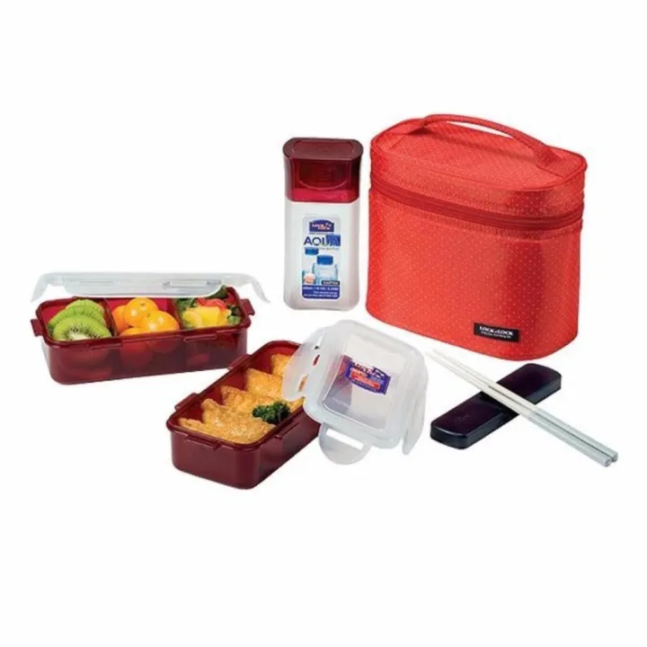 Lock & Lock HPL758DR Lunch Box 3P Set with Red Bag and Fork & Spoon ...