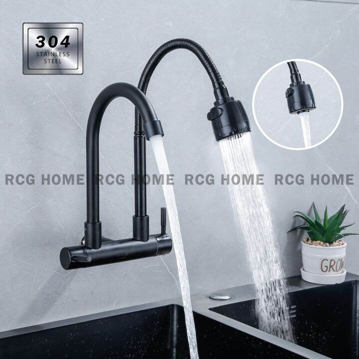 SUS304 Stainless Steel Black Double Dual Kitchen Faucet Flexible Single ...